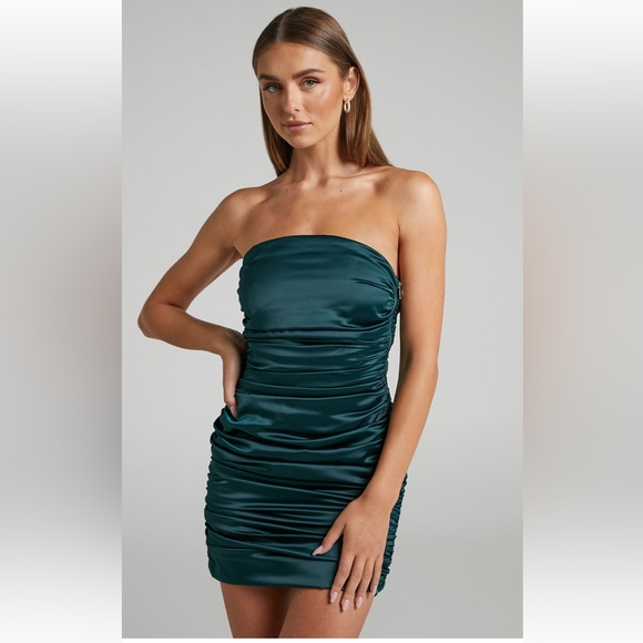 Showpo. | Dresses | Showpo Solena Satin Ruched Strapless Bodycon Mini Dress Emerald Size 4 ...